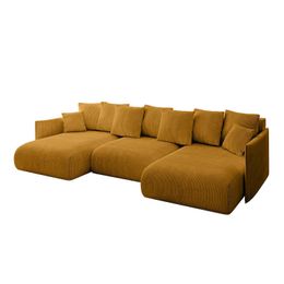 WOHNLANDSCHAFT mit Schlaffunktion und Bettkasten ONESK-U 317x177x72 Senfgelb Cord