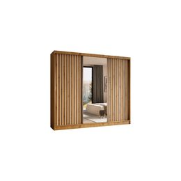 KLEIDERSCHRANK mit Spiegel-Schiebet&uuml;ren und Aluminium-Leisten, LED-Beleuchtung - LAMELO - 240 cm Artisan+Artisan+Wei&szlig;