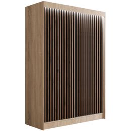 KLEIDERSCHRANK mit LED, Lamel-Schiebet&uuml;ren VILANv2 - 120 cm Sonoma Eiche + Lamelle Eiche Wotan