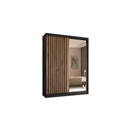 KLEIDERSCHRANK mit Spiegel-Schiebet&uuml;ren und Aluminium-Leisten, LED-Beleuchtung - LAMELO- 160 cm Schwarz+Artisan+Schwarz