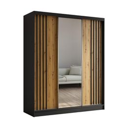 KLEIDERSCHRANK mit Spiegel-Schiebet&uuml;ren und Aluminium-Leisten - NALLA - 180 cm Schwarz+Artisan+Schwarz