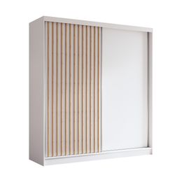 KLEIDERSCHRANK mit furnierten Schiebet&uuml;ren und Aluminium-Leisten - LABELO - 200 cm Wei&szlig;+Wei&szlig;+Artisan