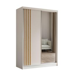 KLEIDERSCHRANK mit Spiegel-Schiebet&uuml;ren und Aluminium-Leisten - NALLA - 150 cm Wei&szlig;+Wei&szlig;+Artisan