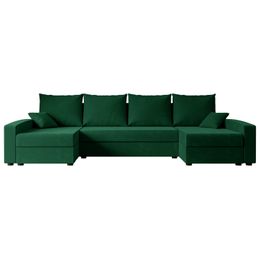 WOHNLANDSCHAFT mit Schlaffunktion und Bettkasten ALESIA-U 301x140x90 cm Gr&uuml;n Velours