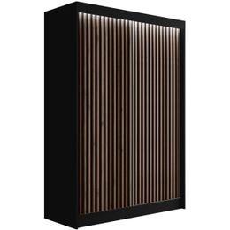 KLEIDERSCHRANK mit LED, Lamel-Schiebet&uuml;ren VILANv2 - 120 cm Schwarz + Lamelle Eiche Wotan