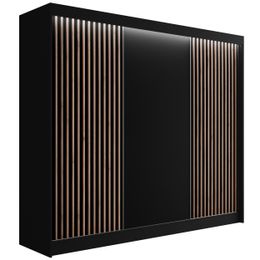 KLEIDERSCHRANK mit LED, Lamel-Schiebet&uuml;ren VILANv2 - 250 cm Schwarz + Lamelle Eiche Wotan