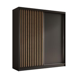 KLEIDERSCHRANK mit furnierten Schiebet&uuml;ren und Aluminium-Leisten, LED-Beleuchtung - LABELO - 200 cm Schwarz+Schwarz+Artisan