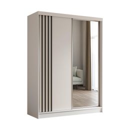 KLEIDERSCHRANK mit Spiegel-Schiebet&uuml;ren und Aluminium-Leisten, LED-Beleuchtung - NALLA - 160 cm Wei&szlig;+Wei&szlig;+Schwarz