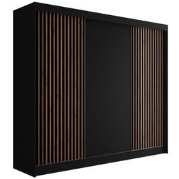 KLEIDERSCHRANK mit Lamel-Schiebet&uuml;ren VILANv2 - 250 cm Schwarz + Lamelle Eiche Wotan