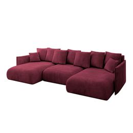WOHNLANDSCHAFT mit Schlaffunktion und Bettkasten ONESK-U 317x177x72 Bordeauxrot Velours