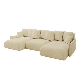 WOHNLANDSCHAFT mit Schlaffunktion und Bettkasten ONESK-U-v1 317x177x72 Beige Velours