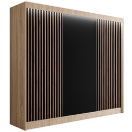 KLEIDERSCHRANK mit LED, Lamel-Schiebet&uuml;ren VILANv2 - 250 cm Sonoma Eiche + Lamelle Eiche Wotan