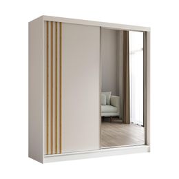 KLEIDERSCHRANK mit Spiegel-Schiebet&uuml;ren und Aluminium-Leisten, LED-Beleuchtung - NALLA - 200 cm Wei&szlig;+Wei&szlig;+Artisan