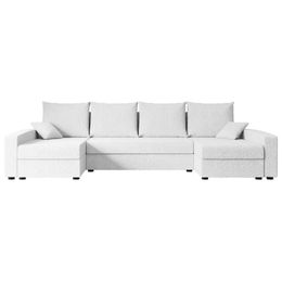 WOHNLANDSCHAFT mit Schlaffunktion und Bettkasten ALESIA-U 301x140x90 cm Wei&szlig; Boucl&eacute;
