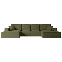 WOHNLANDSCHAFT mit Schlaffunktion und Bettkasten SIERRA-U-S - 349x161x87 cm Gr&uuml;n Boucl&eacute;