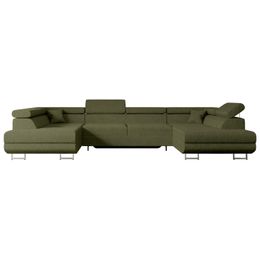 WOHNLANDSCHAFT mit Schlaffunktion und Bettkasten GUSA-U 342x202x107 cm Gr&uuml;n Boucl&eacute;