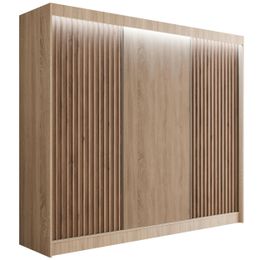KLEIDERSCHRANK mit LED, Lamel-Schiebet&uuml;ren VILANv2 - 250 cm Sonoma Eiche + Sonoma Eiche + Lamelle Eiche Wotan