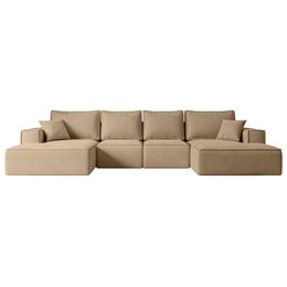 WOHNLANDSCHAFT mit Schlaffunktion und Bettkasten SIERRA-U-S - 349x161x87 cm Beige Velours