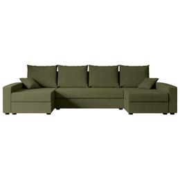 WOHNLANDSCHAFT mit Schlaffunktion und Bettkasten ALESIA-U 301x140x90 cm Gr&uuml;n Boucl&eacute;