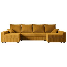 WOHNLANDSCHAFT mit Schlaffunktion und Bettkasten ALESIA-U 301x140x90 cm Senfgelb Cord