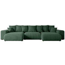WOHNLANDSCHAFT mit Schlaffunktion ESKAR-U -364x176x72cm Gr&uuml;n Cord