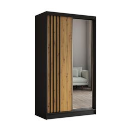 KLEIDERSCHRANK mit Spiegel-Schiebet&uuml;ren und Aluminium-Leisten - NALLA - 120 cm Schwarz+Artisan+Schwarz