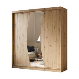 KLEIDERSCHRANK mit Spiegel-Schiebet&uuml;ren und Aluminium-Leisten, LED-Beleuchtung - VOXI - 200 cm Eiche Artisan