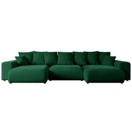WOHNLANDSCHAFT mit Schlaffunktion ESKAR-U -364x176x72cm Gr&uuml;n Velours