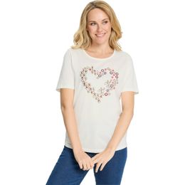 Damen Rundhalsshirt mit Herzprint ecru-braun-bedruckt, Gr&ouml;&szlig;e 42