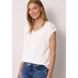 Kurzarmbluse STREET ONE STUDIO, Damen, Gr. 36, wei&szlig;, Stoff, 100% Viskose, unifarben, normal normal, V-Ausschnitt, abgesteppt, Blusen, aus softer Viskose