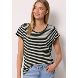 Rundhalsshirt STREET ONE STUDIO, Damen, Gr. 34, schwarz, Web;Stoff;Jersey, 50% Modal, 50% Baumwolle, gestreift, regular fit normal, V-Ausschnitt, abgesteppt, Shirts Rundhalsshirt, im soften Baumwoll-Mix
