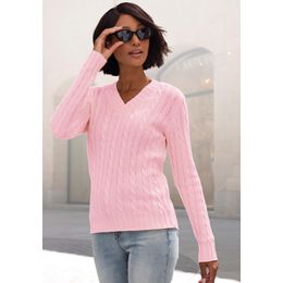 V-Ausschnitt-Pullover Lascana, Damen, Gr. 32/34, ros&eacute;, Strick, Obermaterial: 50% Baumwolle, 50% Polyacryl, Zopfmuster, figurumspielend h&uuml;ftlang, V-Ausschnitt, Rippb&uuml;ndchen, Pullover, mit Zopfstrickmuster