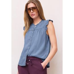 Blusentop STREET ONE STUDIO, Damen, Gr. 44, light blau soft wash, Stoff, 100% Lyocell, unifarben, klassisch normal, Rundhals, R&uuml;schen, Blusen Blusentop, mit R&uuml;schendetails