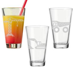 Kinderbecher LUXENTU "Kinderbecher Baustellenfahrzeuge 300 ml 3er Set transparent", bunt (transparent), 3 tlg., Glas, Trinkgef&auml;&szlig;e, Kinderbecher