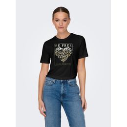 Kurzarmshirt Only "ONLFREE LIFE MODAL S/S ATELIER TOP JRS", Damen, Gr. L, schwarz print:librarian heart, Jersey, Obermaterial: 70% Modal, 30% Polyester, bedruckt, regular fit normal, Rundhals, Shirts, Materialmix, Rundhals
