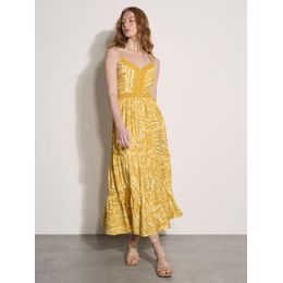 Maxikleid Apricot "Maxikleid", Damen, Gr. XS (34), N-Gr, gelb, gewebt, Obermaterial: 87% Viskose CV. 13% Polyamid PA., bedruckt, normal, V-Ausschnitt, Kleider Maxikleid, mit abstraktem Blattmuster und Spitze