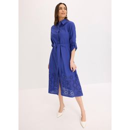 bonprix Hemdblusenkleid mit Lochstickerei, blau, Gr.44, schickes Hemdblusenkleid mit verspielter Lochstichstickerei, 100% Baumwolle
