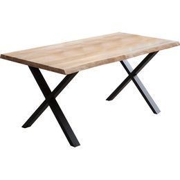 Esstisch Home Affaire "Tristano", beige (natur, schwarz, natur), B:160cm H:77cm T:90cm, Tische, Rechteckiger Esstisch Esstisch Holz-Esstische, Eiche massiv natur ge&ouml;lt, mit echter Baumkante