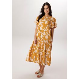 Sommerkleid Aniston SELECTED, Damen, Gr. 44, N-Gr, ockergelb, zimt, beige, Web, Obermaterial: 100% Viskose, bedruckt, gebl&uuml;mt, gemustert, figurumspielend, Rundhals, Volant, Kleider Sommerkleid, mit fantasievollem Druck in Sommerfarben - NEUE KOLLEKTION