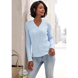 V-Ausschnitt-Pullover Lascana, Damen, Gr. 32/34, hellblau, Strick, Obermaterial: 50% Baumwolle, 50% Polyacryl, Zopfmuster, figurumspielend h&uuml;ftlang, V-Ausschnitt, Rippb&uuml;ndchen, Pullover, mit Zopfstrickmuster