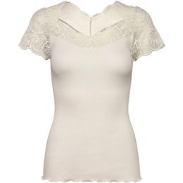 Spitzenshirt rosemunde "Beatha Lace Capsleeve T-Shirt mit Seide", Damen, Gr. M, wei&szlig;, Feinstrick, Obermaterial: 55% Seide, 45% Baumwolle, durchscheinend, gebl&uuml;mt, unifarben, eng h&uuml;ftbedeckend, V-Ausschnitt, Spitze, Shirts, wundersch&ouml;ne elastisch weiche Vintage-Spitze an Ausschnitt und &Auml;rmeln