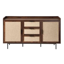 SIDEBOARD im Nussbaumdekor, 2 T&uuml;ren, 3 Schubladen mit Fronten aus Stoff 140/39,5/79 cm