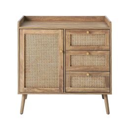 KOMMODE mit 1 T&uuml;r und 3 SchubladenRattanfronten und Holzf&uuml;&szlig;en 39/79,5/80 cm