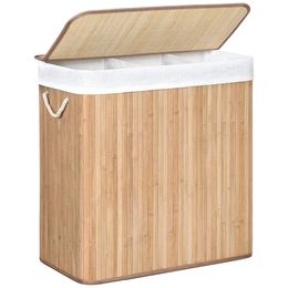 BAMBUS-W&Auml;SCHEKORB mit 3 F&auml;chern, Deckel und Griffen, 150L - L60 x H61,5 cm
