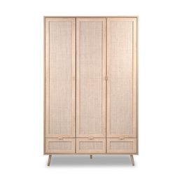 SCHRANK mit 3 T&uuml;ren, 3 Schubladen, 2 Kleiderstangen L120cm - Rattan-Druck - Bali