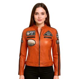 Orangefarbene Bikerjacke aus Leder f&uuml;r Damen mit Rennabzeichen &ndash; Dalby