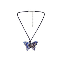 Steuer Modeschmuck Anh&auml;nger mit Kette blaues Textilband mit Schmetterling aus Glas