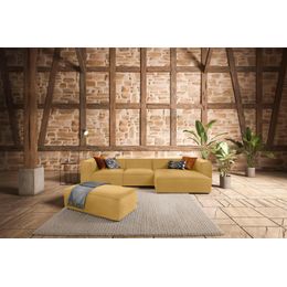 Ecksofa W.Schillig "around-the-block Mega Sofa, viel Platz und hoher Sitzkomfort, L-Form", gelb (kurkuma z69), B:341cm H:66cm T:164cm, Longlife Xtra-Leder Z69: Das feinnarbige, gedeckte Softleder Z69 besticht durch seine au&szlig;ergew&ouml;hnliche Weichheit im trendigen &raquo;Vintage-Look&laquo;, Hautst&auml;rke 0, 9 - 1, 1 mm;Longlife fabric Flachgewebe T88 (100% Polyester), Sofas, Ecksofa, mit eleganter Biese, mit Federk