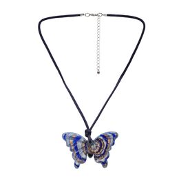 Kette mit Anh&auml;nger Steuer "blaues Textilband mit Schmetterling aus Glas", blau, Halsketten, Damen, 52cm, Metall, L: 52 B: 60mm, B:60mm