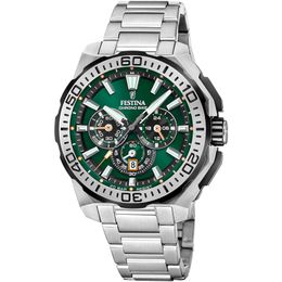 Chronograph Festina "Chrono Bike 2025", silber (silberfarben, dunkelgr&uuml;n), Armbanduhren, Herren, Chronograph, Quarzuhr, Armbanduhr, Herrenuhr, Edelstahlarmband, analog, Tag